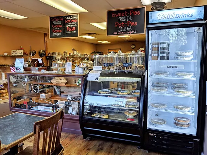 Pie-eyed with delight! The display case is a treasure trove of temptation, showcasing an array of flaky, fruity, and creamy creations.
