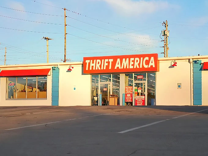 The bold red sign beckons like a siren call to treasure hunters. Thrift America's unassuming exterior hides a wonderland of vintage finds within.