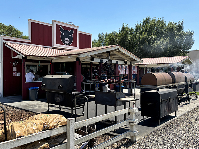 Those gleaming copper smokers aren't just for show – they're the beating heart of this roadside BBQ sanctuary in the Eastern Sierra.