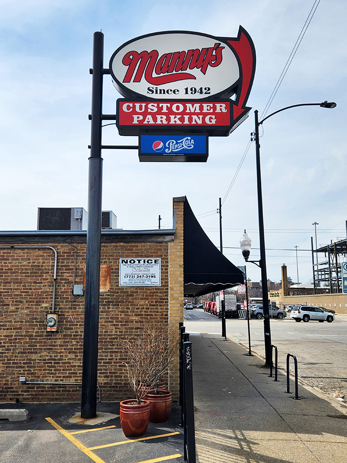 Chicago's skyline plays second fiddle to the real star—that iconic red Manny's sign promising delicatessen delights since 1942.