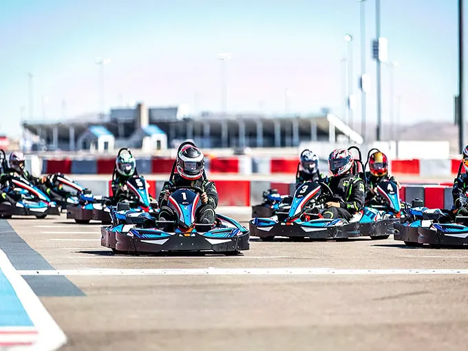Ready, set, speed! These sleek blue and black karts aren't your childhood bumper cars—they're miniature Formula 1 dreams waiting to be unleashed.