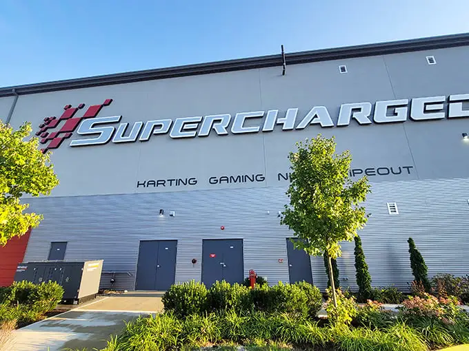 The mothership of adrenaline has landed in Wrentham! Supercharged Entertainment's sleek design promises high-octane adventures waiting inside.