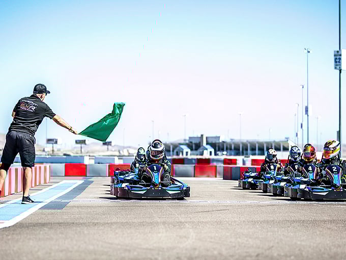 Ready, set, speed! These sleek blue and black karts aren't your childhood bumper cars—they're miniature Formula 1 dreams waiting to be unleashed.