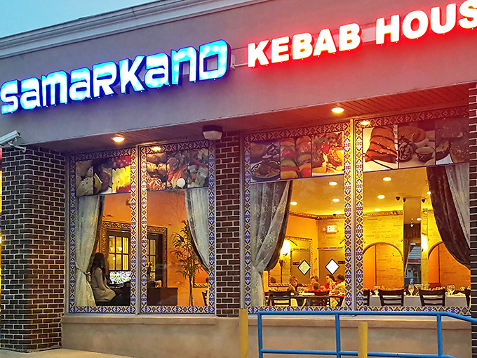 The unassuming exterior of Samarkand hides culinary treasures within, like finding a Picasso at a yard sale. The steer silhouette signals carnivorous delights await.