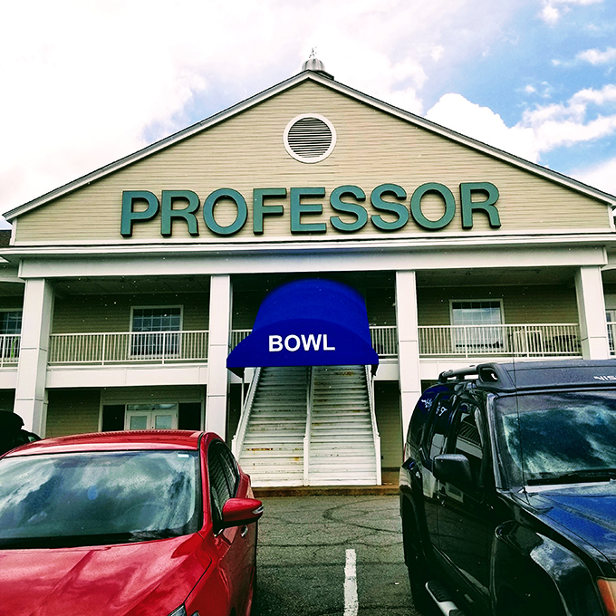 The grand entrance to Professor Bowl stands like a beacon of fun in Little Rock, complete with that iconic blue awning welcoming bowling enthusiasts of all ages.