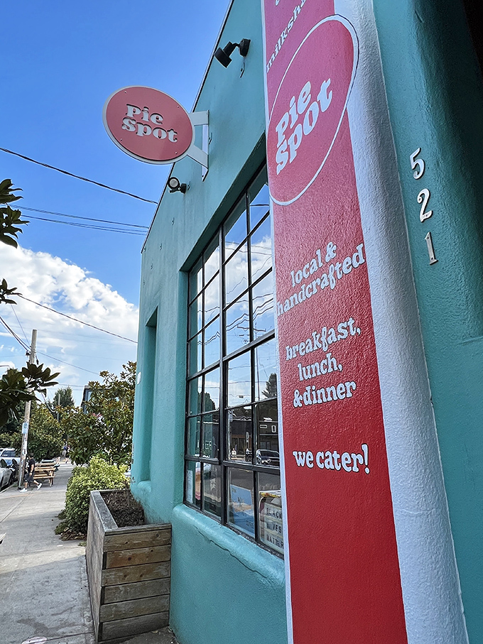The turquoise beacon of Portland's pie paradise beckons with its cheerful pink signage—like a dessert lighthouse guiding hungry souls to safety.