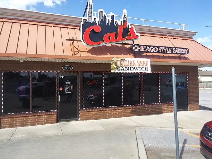 Cal's bold red sign against the Oklahoma sky promises Chicago authenticity that's worth crossing state lines for.