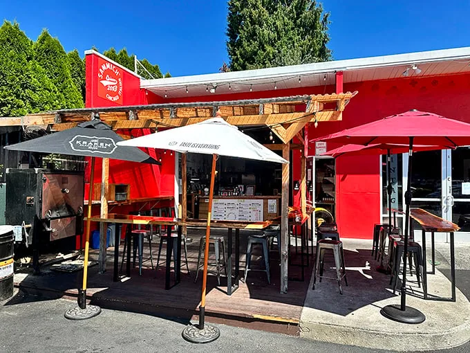 The vibrant red exterior of Sammich PDX beckons like a siren call to sandwich lovers. Outdoor seating perfect for Portland's precious sunny days.
