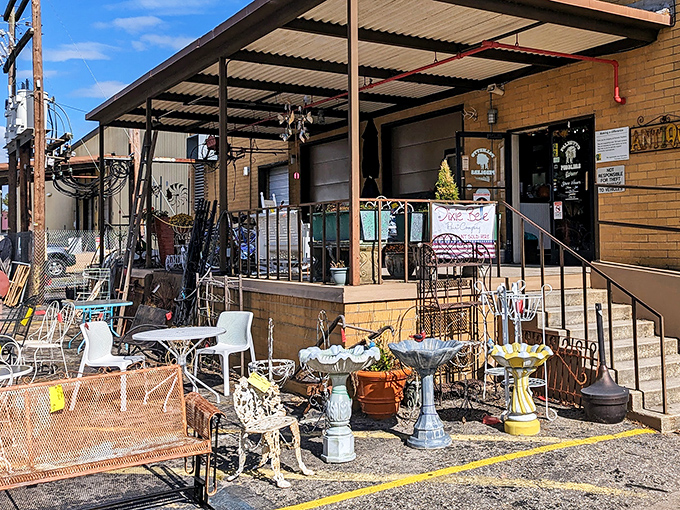 The iconic Palmetto Peddlers sign promises a treasure trove within those unassuming brick walls, like a history book with its cover closed.