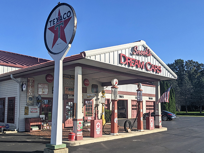 Step back in time at Snook's Dream Cars, where that iconic Texaco sign promises automotive treasures more valuable than the gasoline it once advertised.