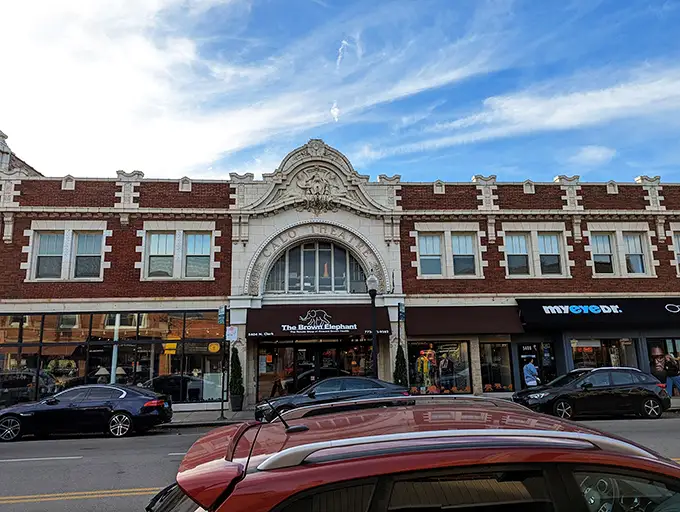 The grand façade of The Brown Elephant commands attention on Clark Street, like a temple dedicated to the gods of secondhand treasures.