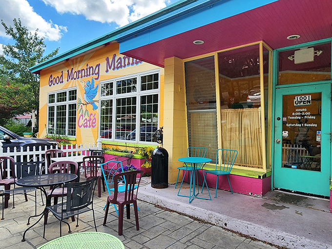 The sunshine-yellow exterior of Good Morning Mama's isn't just a building—it's a morning mood elevator with turquoise trim and a bluebird promising delicious things inside.