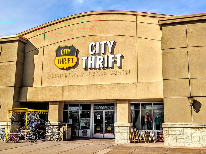 The grand facade of City Thrift stands like a cathedral of secondhand treasures, beckoning bargain hunters with its promise of affordable adventures.