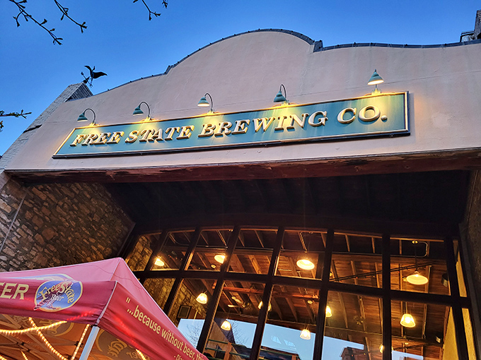 The iconic façade of Free State Brewing Company stands proudly on Massachusetts Street, like a beacon calling all hungry travelers home.