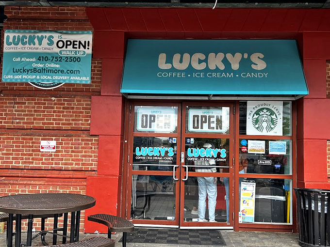 Lucky's vibrant turquoise storefront stands out against the brick building like a beacon of sweetness, promising three essential food groups: caffeine, sugar, and more sugar.