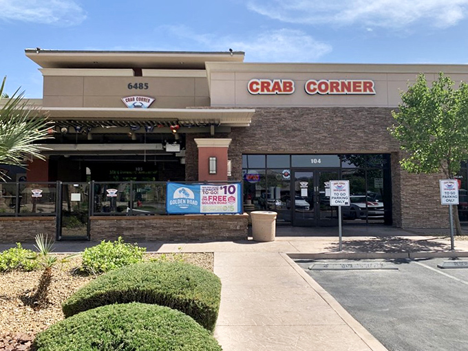 The desert mirage is real! Crab Corner's stone facade and bright red signage stands out like a seafood lighthouse beckoning hungry Nevadans home.