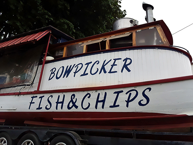 The Bowpicker stands proudly on land like a fish out of water—a retired gillnetter boat transformed into Astoria's most unique culinary destination.