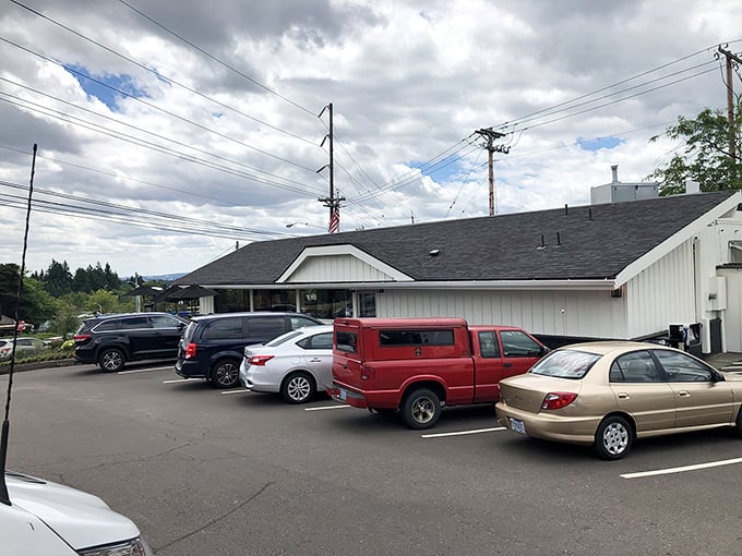 The classic roadside charm of Banning's welcomes hungry travelers with its pitched roof, modest signage, and well-kept landscaping—comfort food's natural habitat.