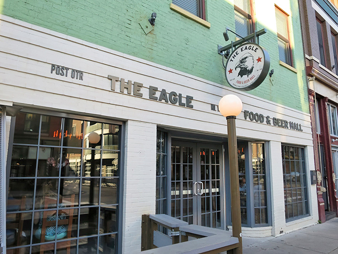The mint-green facade of The Eagle OTR stands proudly in Cincinnati's historic district, like a Southern food embassy on Ohio soil.