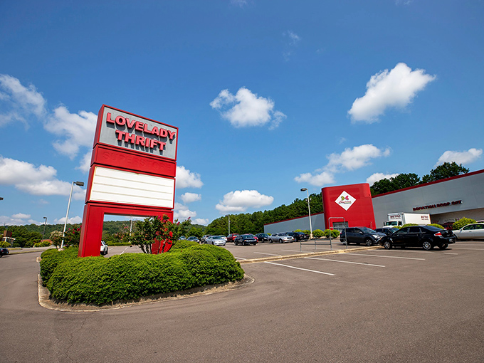 The iconic red and white exterior of Lovelady Thrift Store stands out against Alabama's blue sky like a beacon for bargain hunters everywhere.