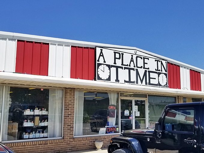 The red and white exterior of A Place In Time isn't just eye-catching—it's practically announcing "treasures inside!" like a carnival barker with better taste.