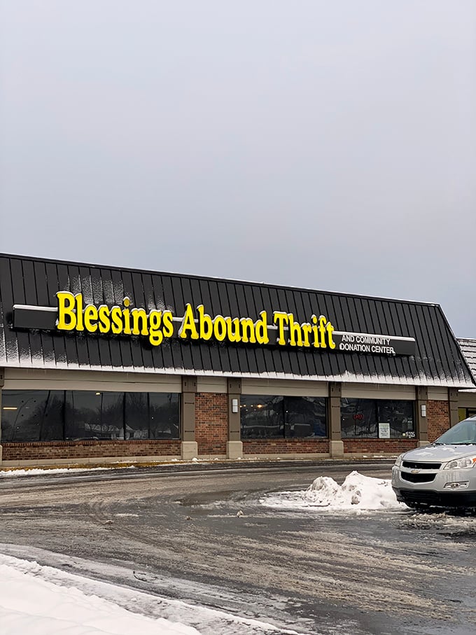 The black-and-yellow beacon of Blessings Abound stands proud in Overland Park, promising treasure hunters the thrill of the unexpected inside.