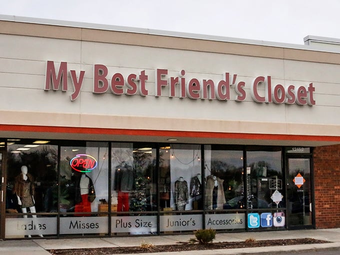 The unassuming storefront of My Best Friend's Closet beckons like a siren song to bargain hunters. Fashion treasures await behind that cheerful red signage.