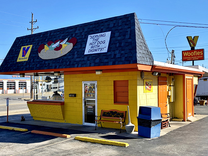 The sunshine-yellow exterior of Woofie's isn't just a building—it's a beacon of hope for the hot dog deprived. "Serving the hot dog with dignity" isn't just a slogan, it's a mission statement.