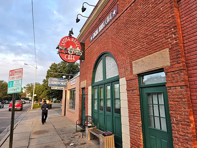 The historic brick facade of Engine House Cafe stands proudly against Nebraska's big sky, a beacon for breakfast enthusiasts and history buffs alike.