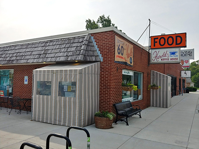That orange "FOOD" sign might be the most honest advertising in America. No frills, just promises kept at Harold's Koffee House.