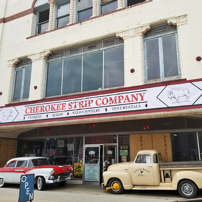 The historic façade of Cherokee Strip Company beckons treasure hunters with its iconic teepee standing guard outside—a portal to Oklahoma's past waiting to be explored.