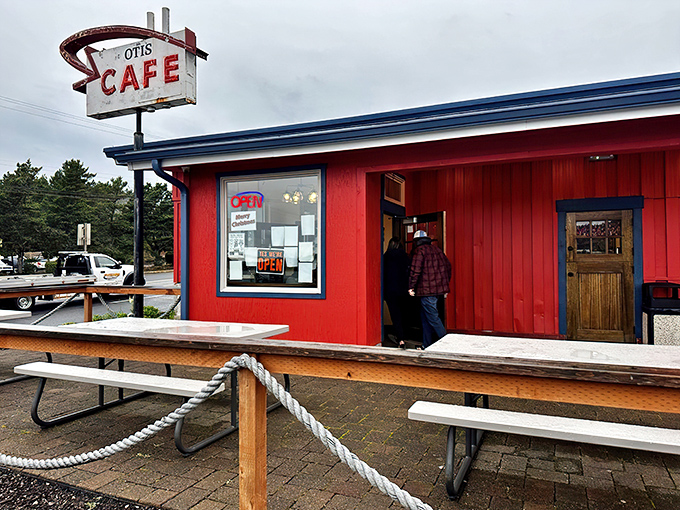 The iconic red Otis Café sign has been guiding hungry travelers off Highway 18 for decades. Like a lighthouse for the breakfast-deprived, it promises delicious refuge ahead.