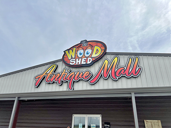 The Woodshed Antique Mall makes quite the first impression with its vibrant signage promising adventures in vintage shopping. Modern meets nostalgic with EV charging available for time travelers.