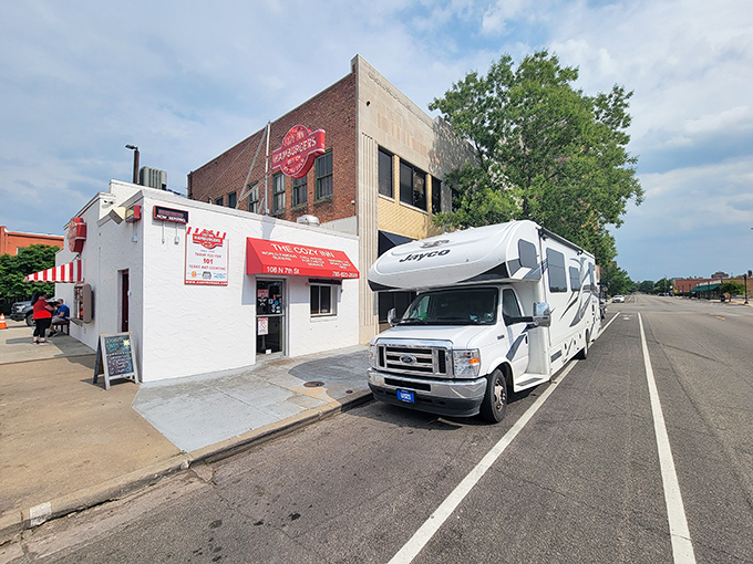 The unassuming white building with its iconic red awning has been stopping traffic in Salina since Calvin Coolidge was president.
