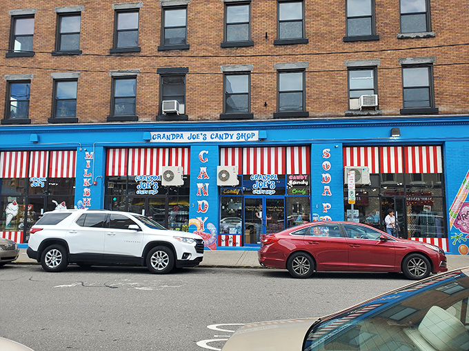 The candy-striped awnings and electric blue façade aren't just a storefront—they're a portal to your childhood. Pennsylvania's sweetest time machine awaits.