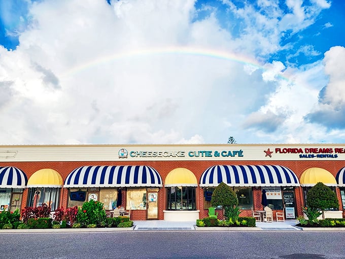 A rainbow over Cheesecake Cutie & Café isn't divine intervention—it's just good taste pointing the way to Holmes Beach's sweetest destination.