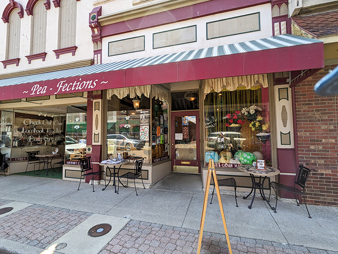 The charming storefront of Pea-Fections beckons from historic downtown Vincennes, promising sweet treasures behind that striped awning and vintage façade.