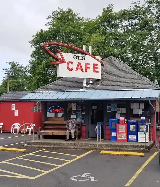 The iconic red Otis Café sign has been guiding hungry travelers off Highway 18 for decades. Like a lighthouse for the breakfast-deprived, it promises delicious refuge ahead.