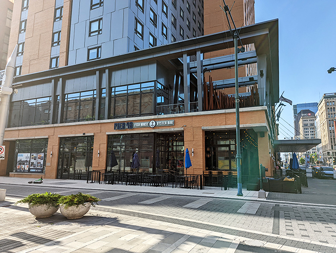 The coastal escape you never knew Indianapolis needed. Pier 48's modern exterior brings a slice of seaside charm to downtown Indy's urban landscape.
