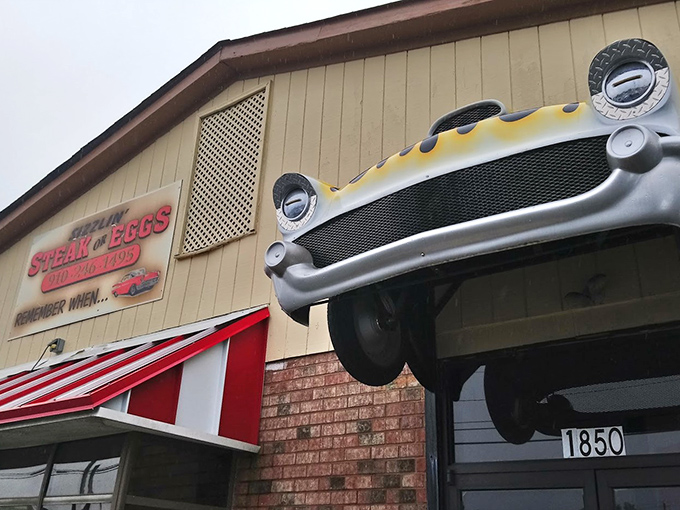 The vintage car bursting from the entrance says it all – this isn't just breakfast, it's a full-throttle Southern Pines experience.