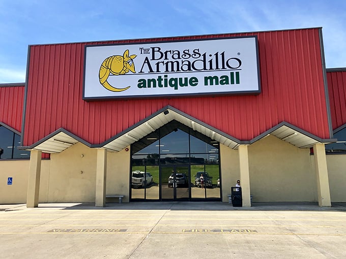 The iconic red exterior of Brass Armadillo feels like finding a treasure chest before you've even stepped inside. Prepare for an adventure!