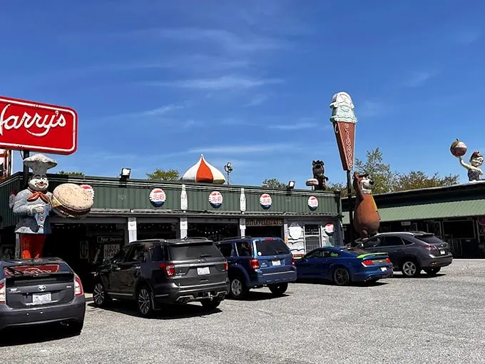 The roadside charm of Harry's comes complete with whimsical statues – including a chef pig holding a burger and that iconic ice cream cone beckoning hungry travelers.