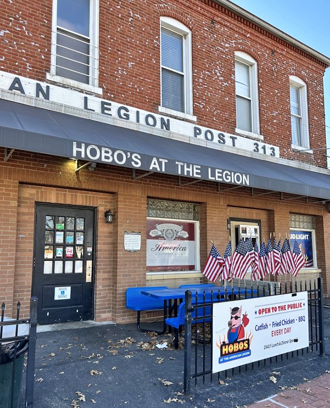 The unassuming brick façade of Hobos at the Legion might not scream "culinary destination," but those American flags hint at the patriotic spirit inside.