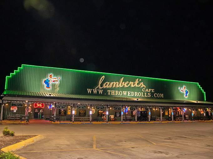 The iconic green exterior of Lambert's Café stands proud in Sikeston, complete with American flags and a promise of throwed rolls that's visible from the highway.