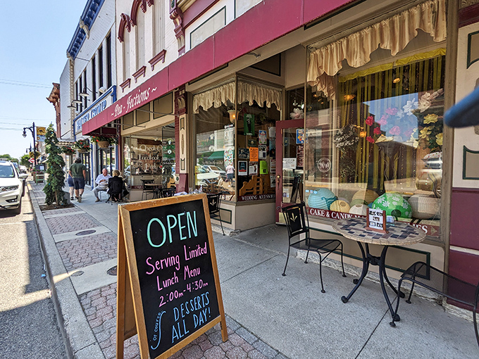 The charming storefront of Pea-Fections beckons from historic downtown Vincennes, promising sweet treasures behind that striped awning and vintage façade.