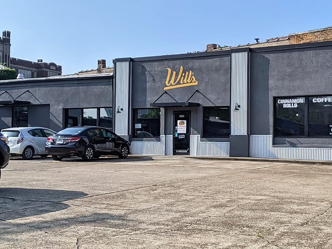 Will's Cinnamon Shop's unassuming gray exterior with bright yellow signage is like Clark Kent – ordinary on the outside, superhero-level deliciousness within.