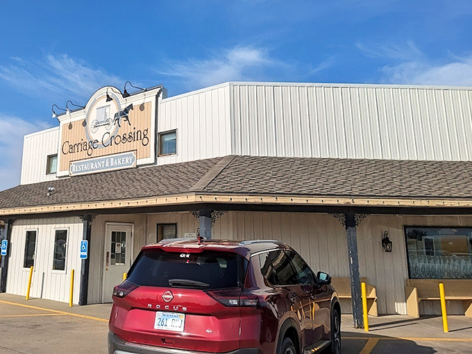 The unassuming exterior of Carriage Crossing belies the culinary treasures within—like finding a diamond mine disguised as a garden shed.