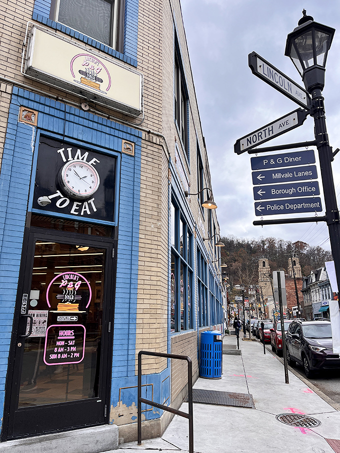 The iconic blue facade of Lincoln's P&G stands as a Pittsburgh landmark, where pharmacy meets diner in a marriage that somehow makes perfect sense.