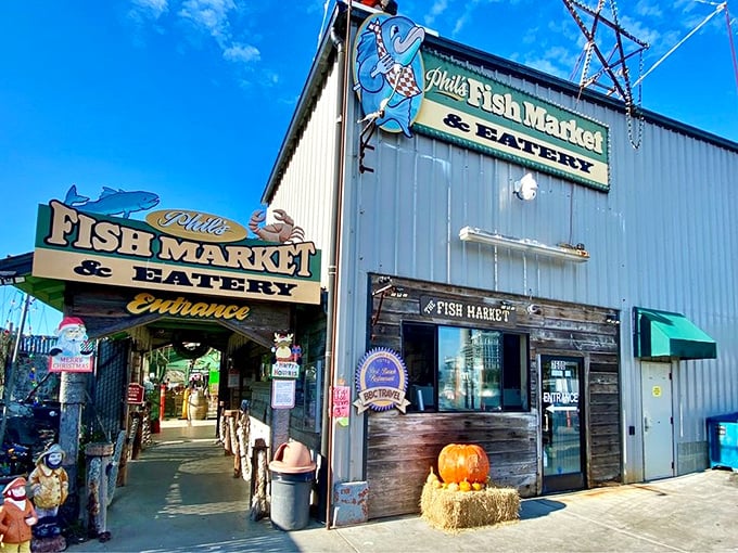 The unassuming exterior of Phil's Fish Market belies the culinary treasures within. Like finding a pearl in an oyster, this weathered facade houses seafood magic.