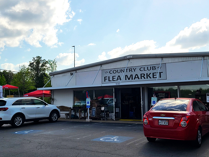 The unassuming exterior of Country Club Flea Market hides a universe of treasures within. Like a treasure chest, it's what's inside that counts.